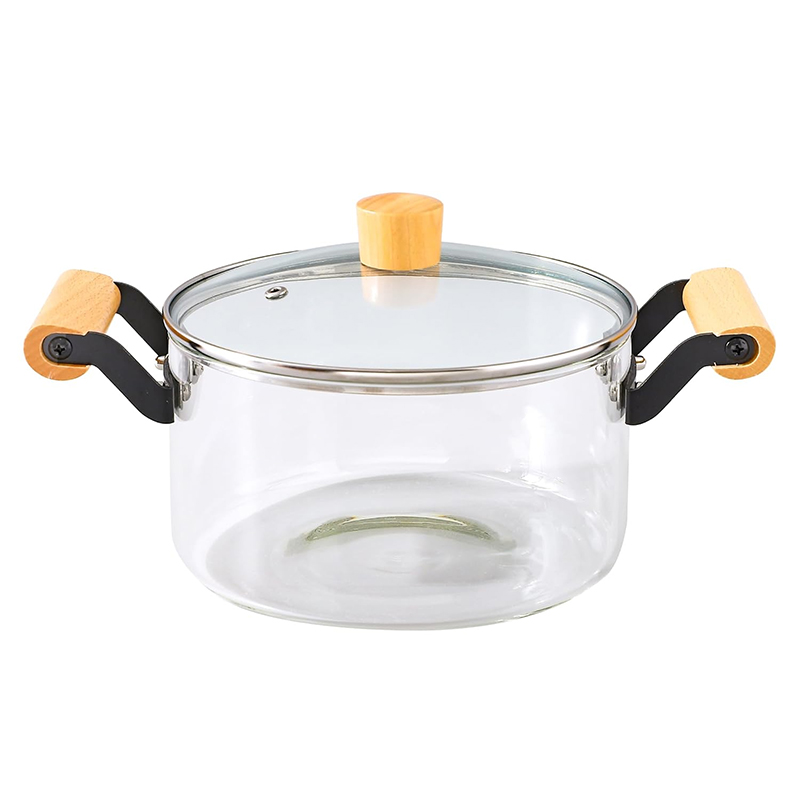 Glass Pot with Lid and Wooden Handle Transparent Borosilicate Glass Pot ...
