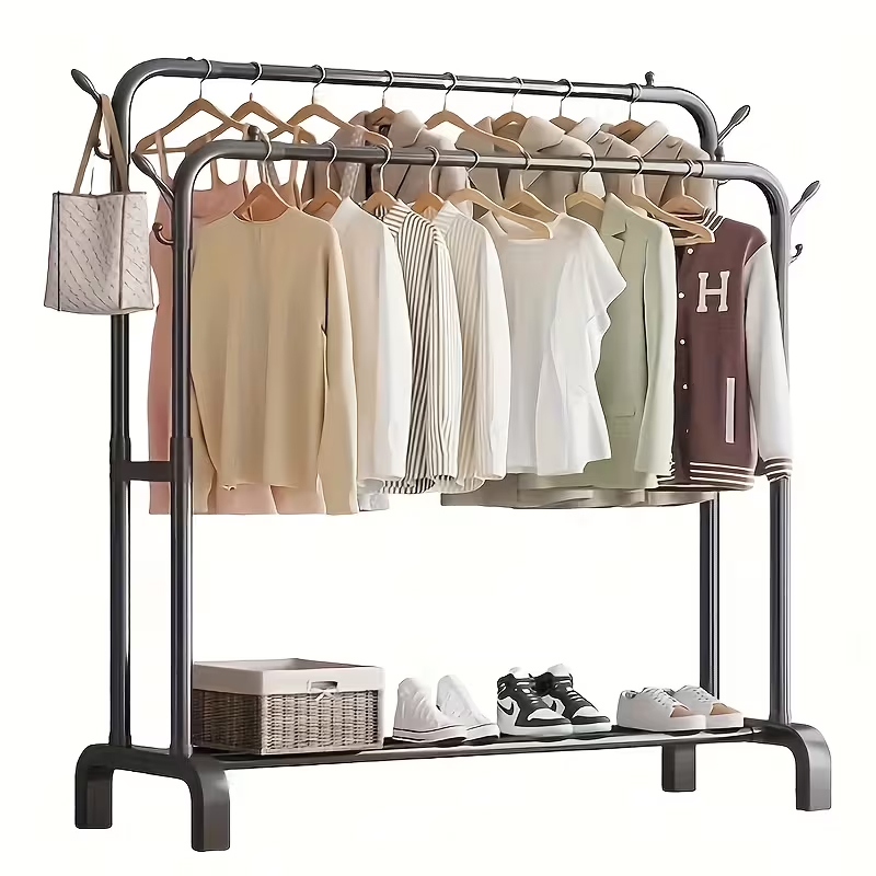 Double Clothes Rack Heavy Duty Clothes Hanger Black Iron Coat Rack Two ...